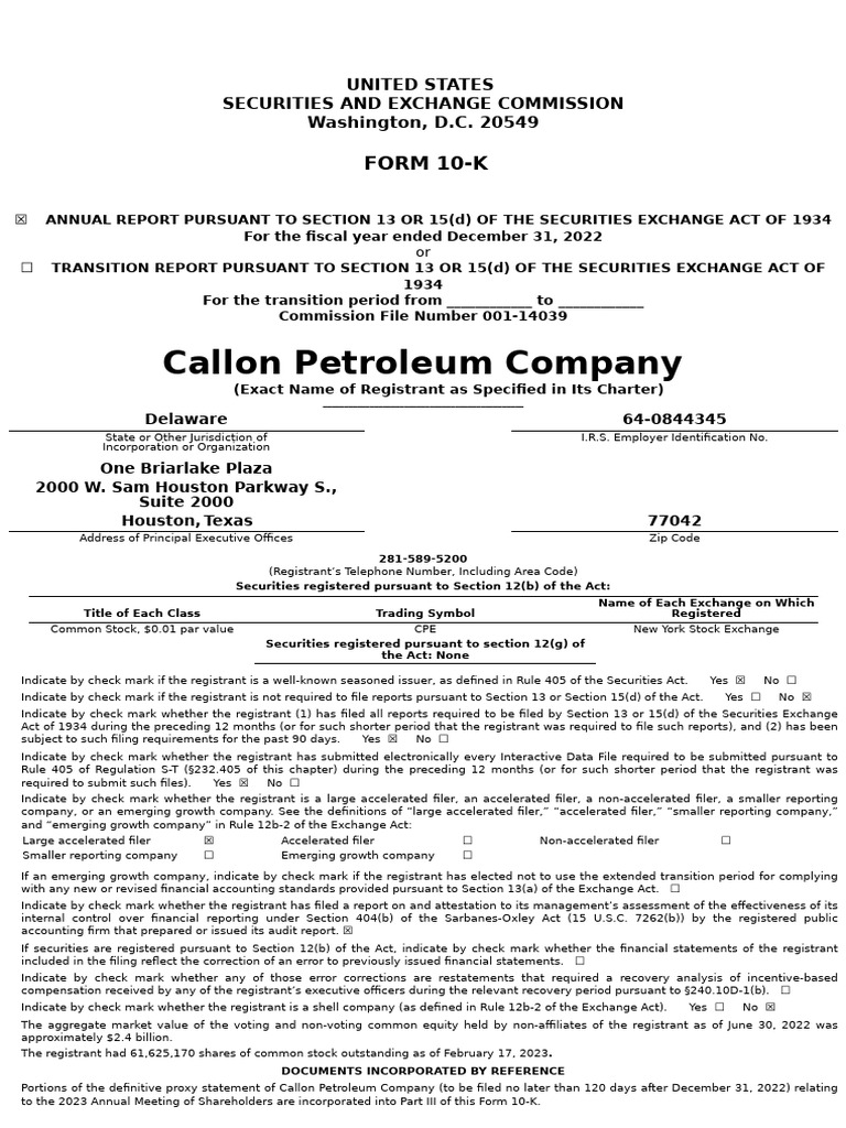 Callon Petroleum Co 10-K | PDF | West Texas Intermediate | Natural Gas