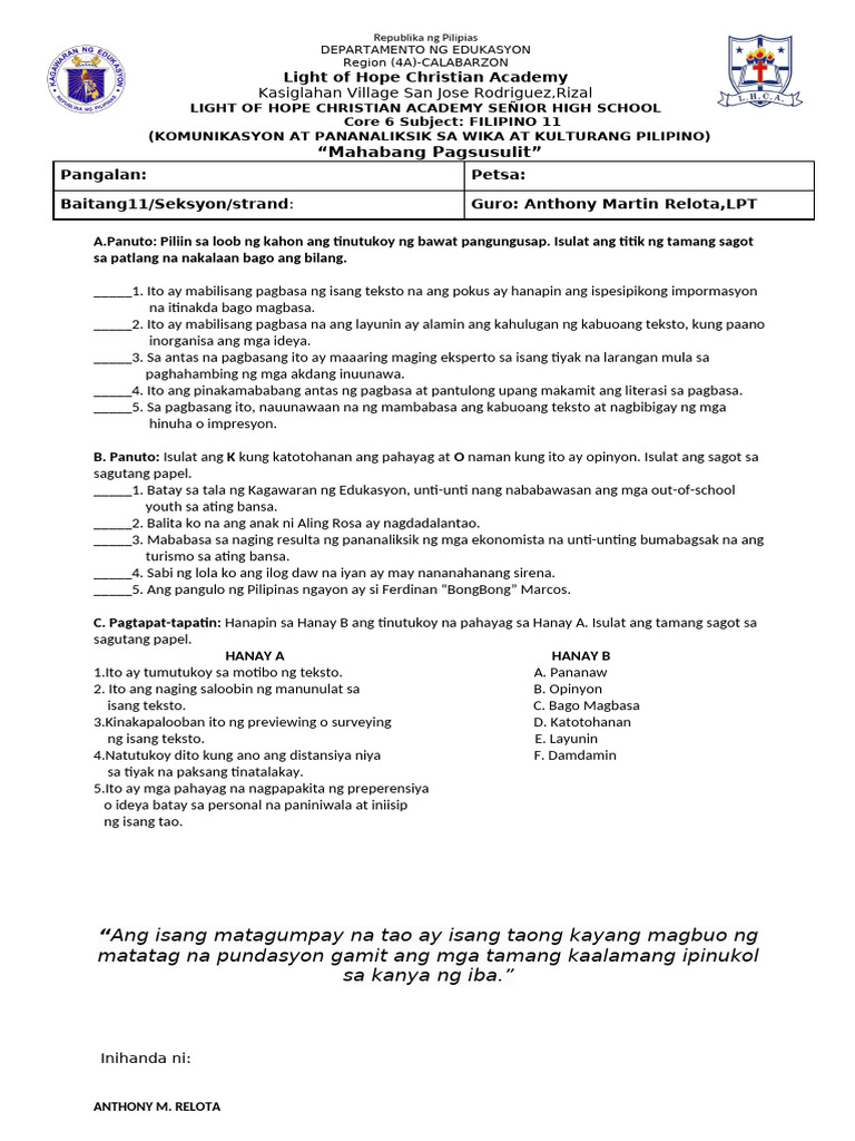 CORE 6 FILIPIN11 PAUNANG PAGSUSULIT | PDF