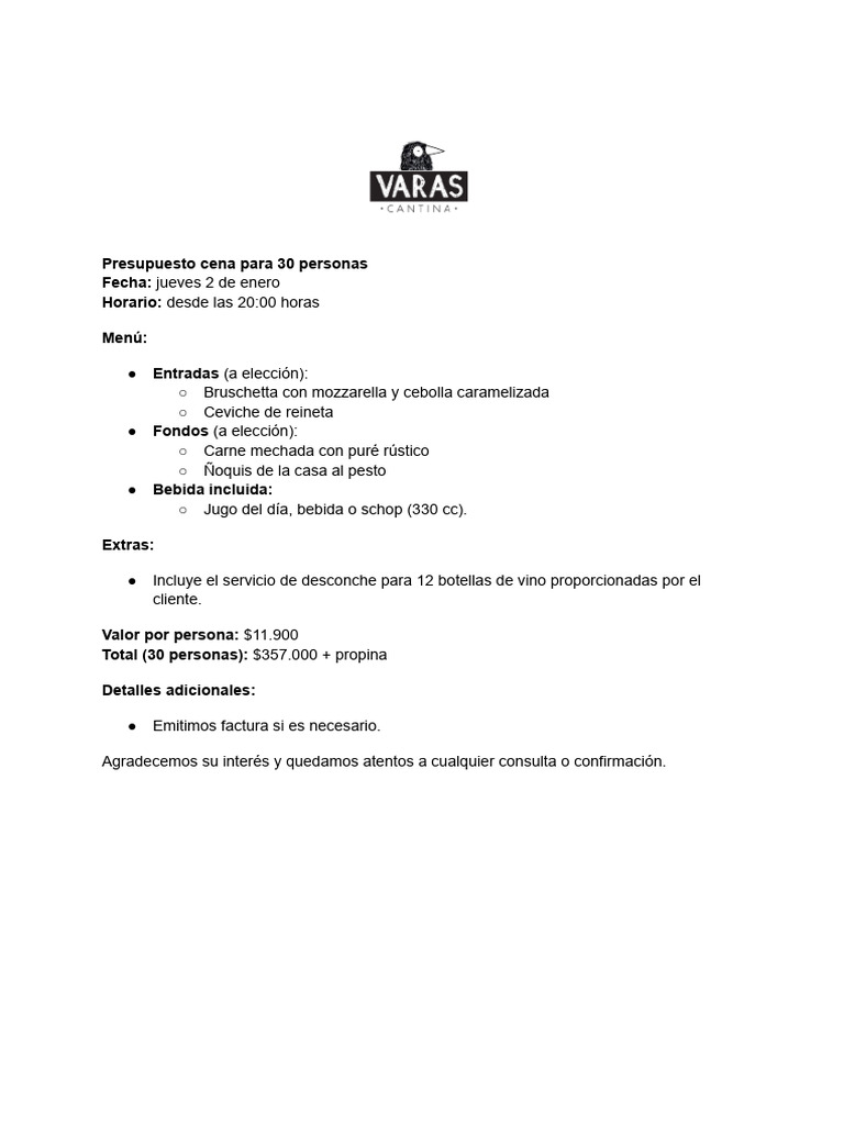 Presupuesto cena 30 personas enero | PDF