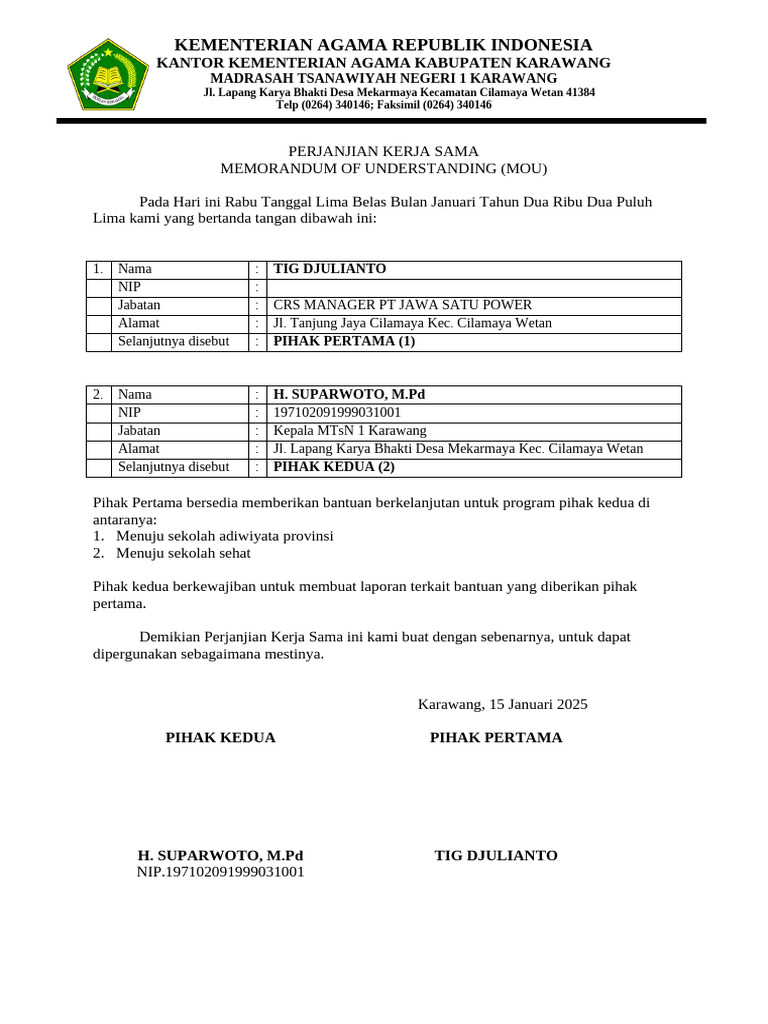 MoU - MTSN 1 KRW - JSP - 2025 | PDF