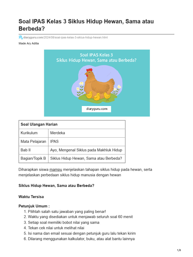 Soal IPAS Kelas 3 Siklus Hidup Hewan Sama Atau Berbeda | PDF
