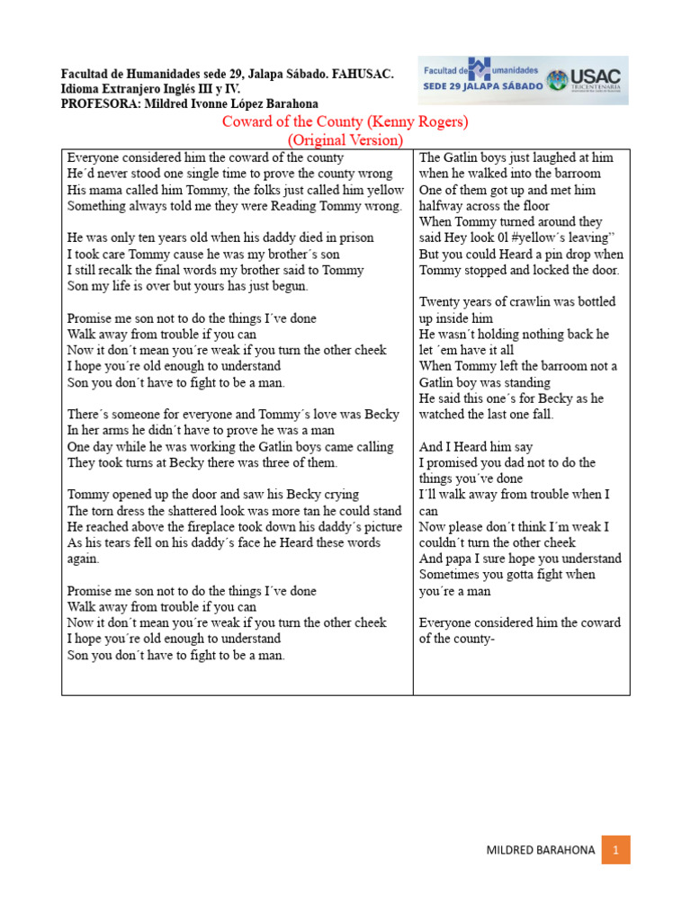 Coward of The County 1.2 Block 3 Song | PDF