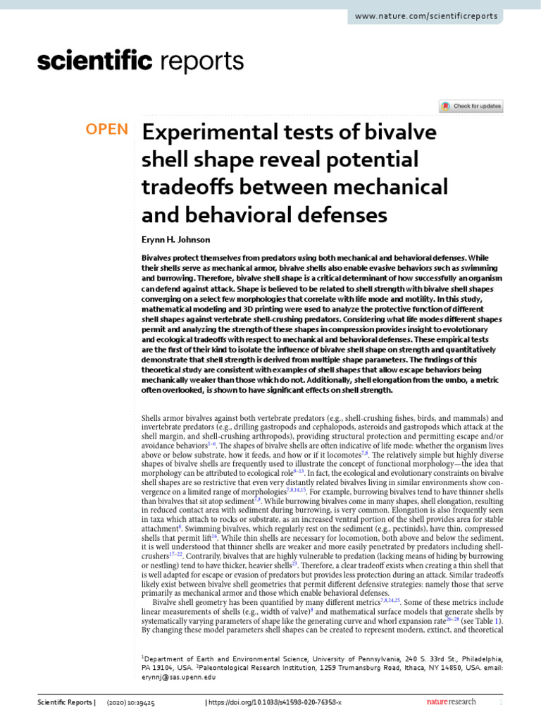 Johnson., 2020. Experimental Tests of Bivalve Shell Shape Reveal ...
