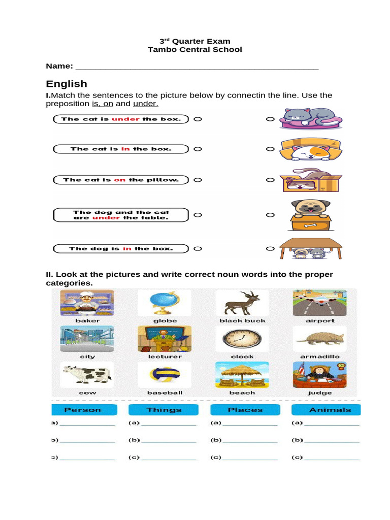 3rd Quarter Exam Kinder | PDF