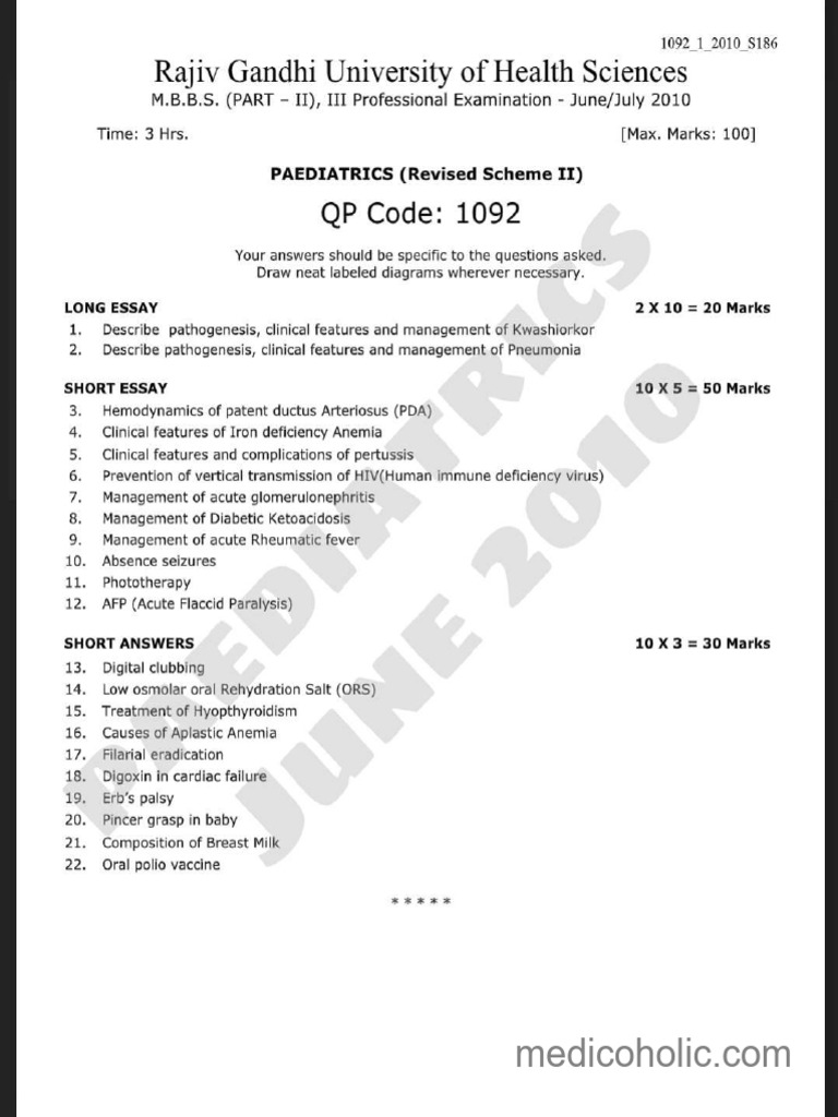 4th Year MBBS Question Papers RGUHS Paediatrics | PDF