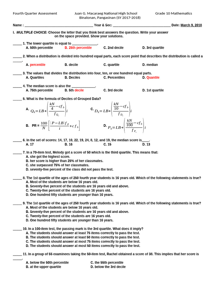 Grade 10 Math Q4 Assessment Guide | PDF | Percentile | Quartile
