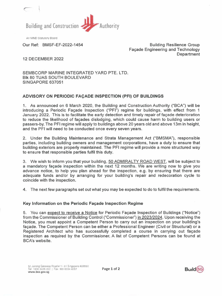 Advisory On Periodic Facade Inspection (PFI) of Buildings | PDF