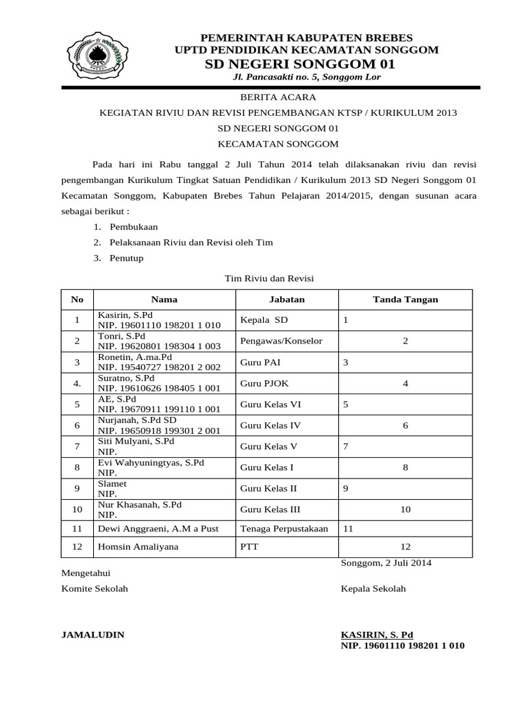Berita Acara Pengembangan Kurikulum SD | PDF