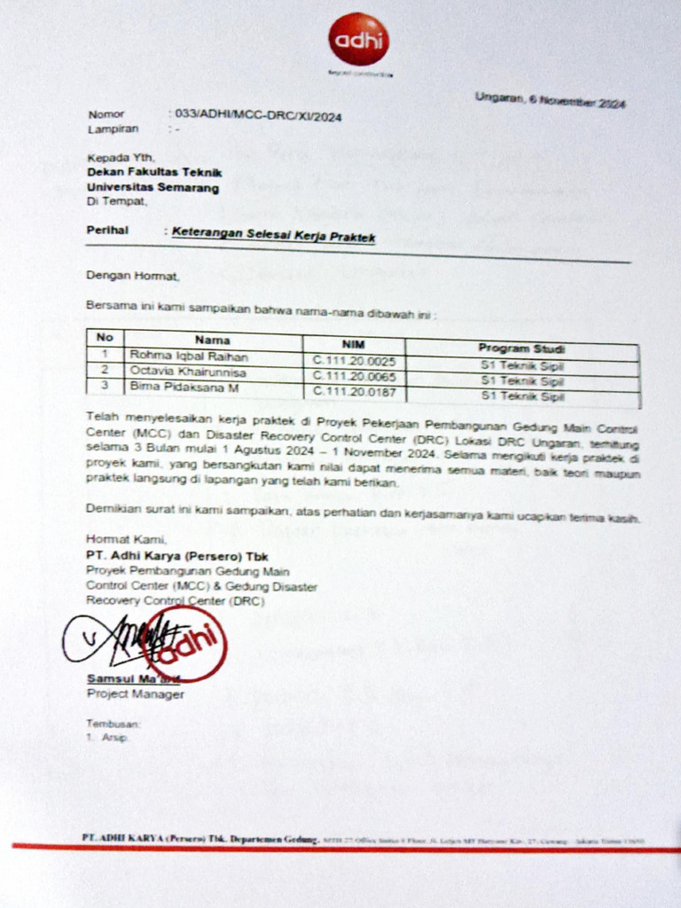 Surat Resmi Selesai KP | PDF