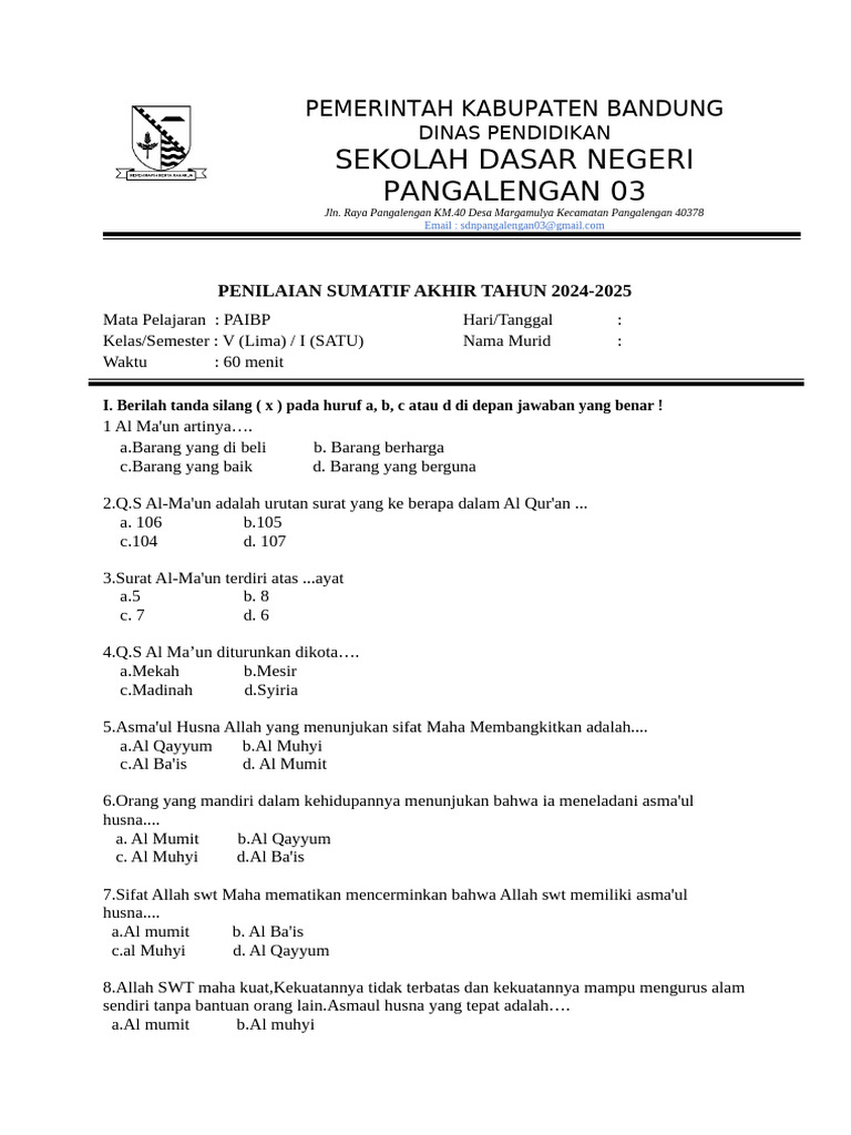 Soal Psas Kelas 5 Semester 1 2024 | PDF