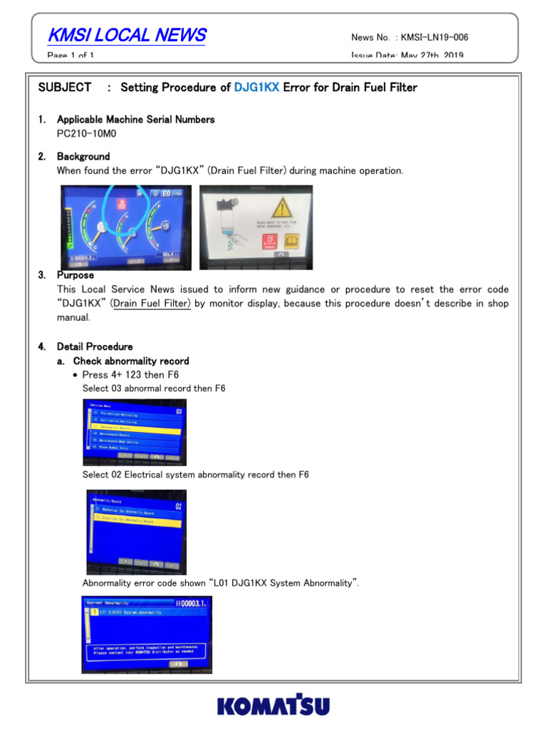 KMSI-LN19-006 PC210-10M0 Setting Procedure DJG1KX Error Drain Fuel ...
