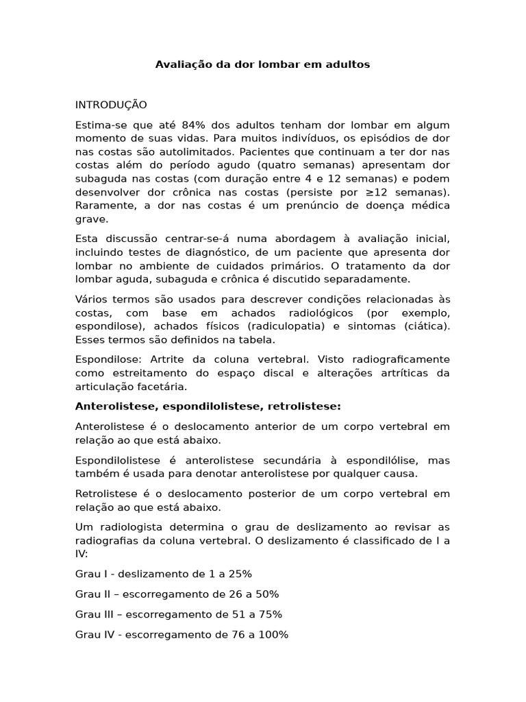 Avaliação Da Dor Lombar em Adultos | PDF | Dor | Osteoartrite