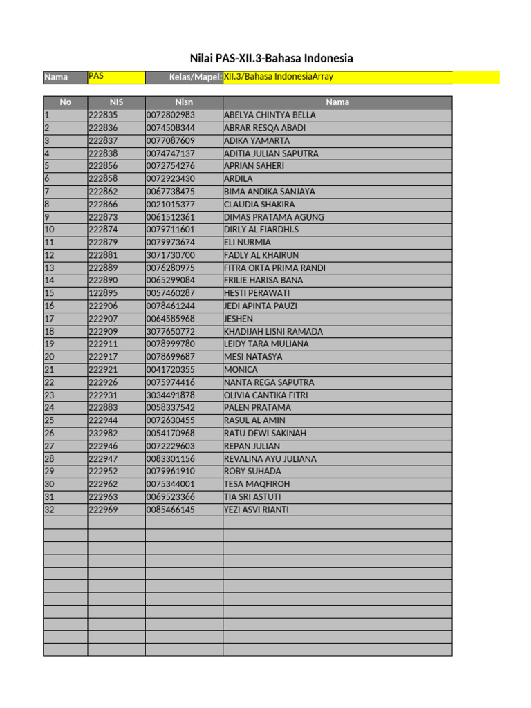 Nilai PAS XII.3 Bahasa Indonesia | PDF