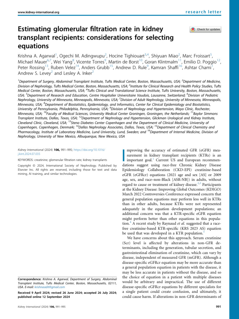 Estimating Glomerular Filtration Rate in Kidney TR | PDF | Kidney ...