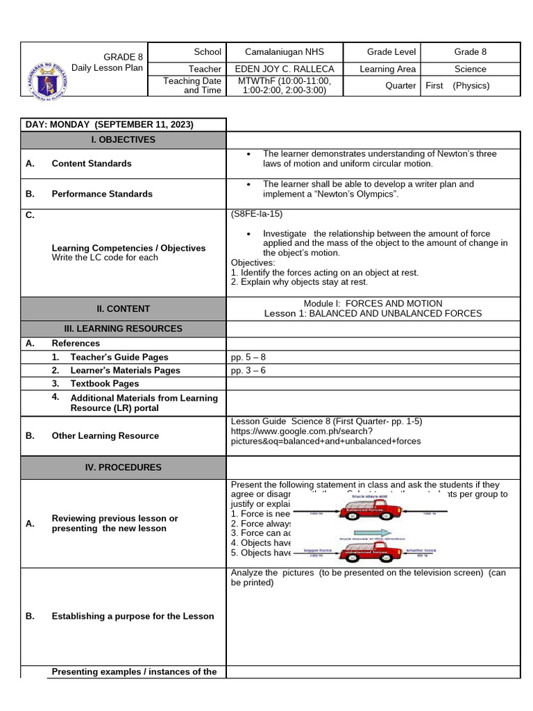 DLL Science 8 1st Quarter | PDF | Force | Newton's Laws Of Motion