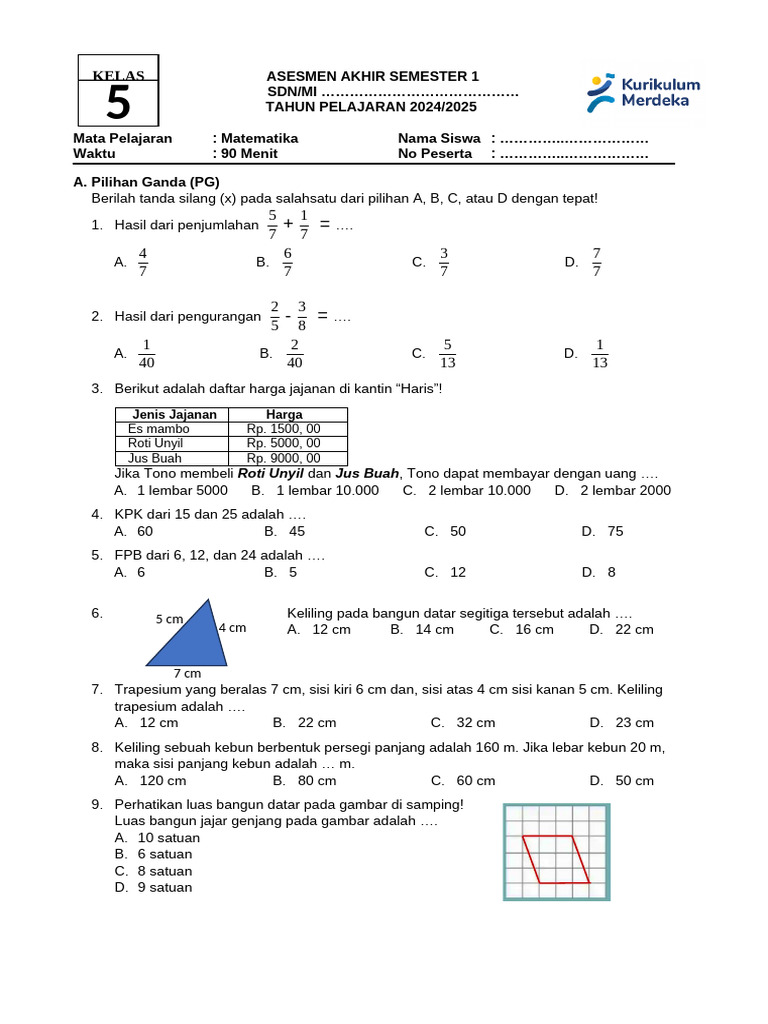 Soal Aas 1 Matematika | PDF