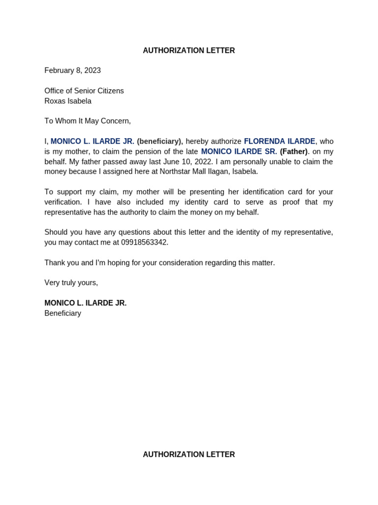 Authorization Letter for Pension Claim | PDF