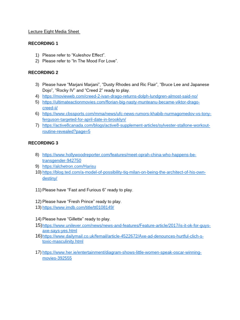 Lecture Eight Media Sheet | PDF