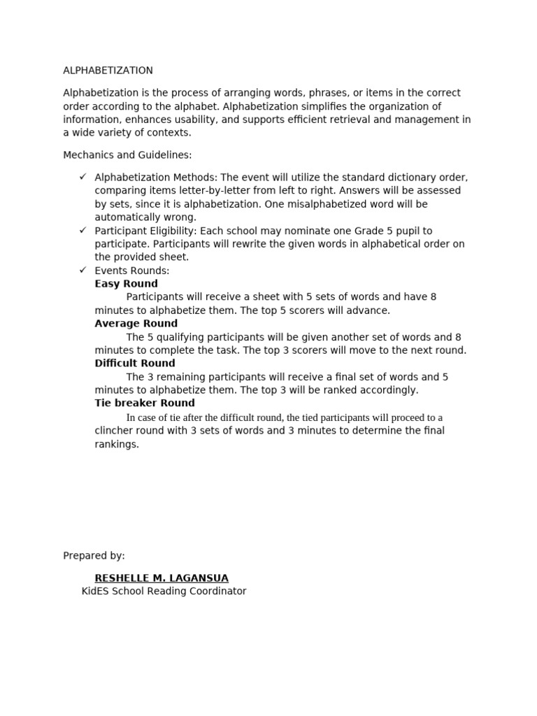 ALPHABETIZATION Mechanics For Elementary | PDF