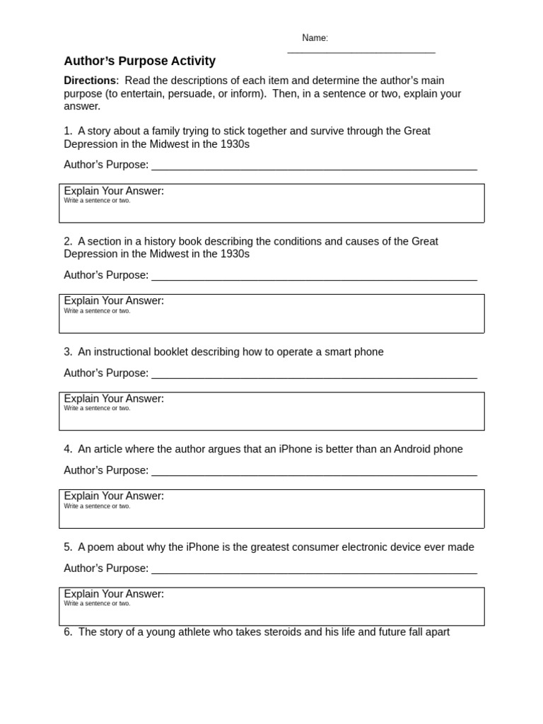 Authors Purpose Worksheet | PDF