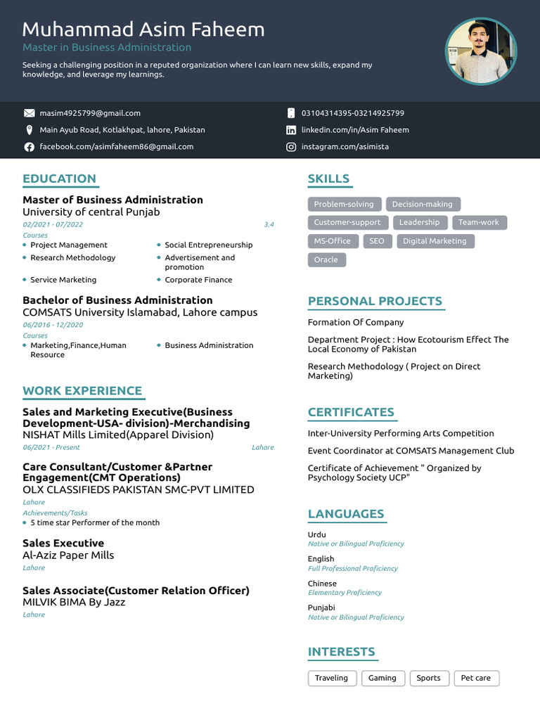 Muhammad Asim Resume | PDF | Business
