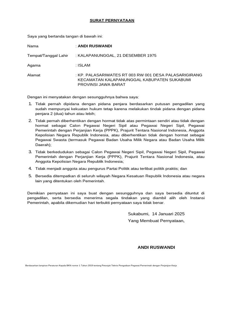 FORMAT SURAT PERNYATAAN PPPK | PDF