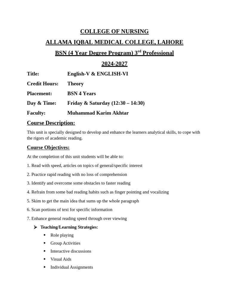 Course Outline - English-V & Vi - Bsn-3rd Proff | PDF | Reading ...