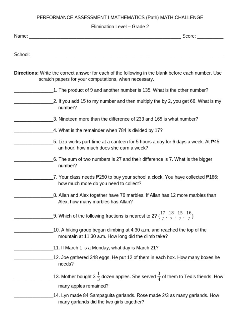 Grade 2 Math Challenge Assessment | PDF | Mathematics