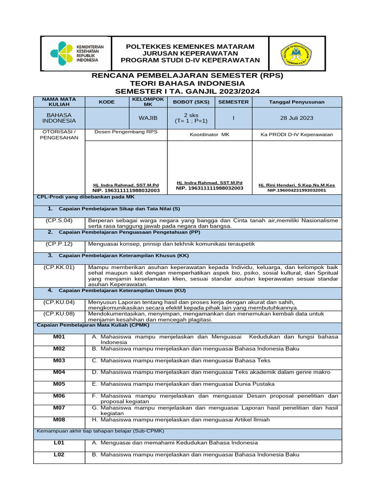 RPS Bahasa Indonesia D.iv Semester Ganjil 2023-2024 | PDF