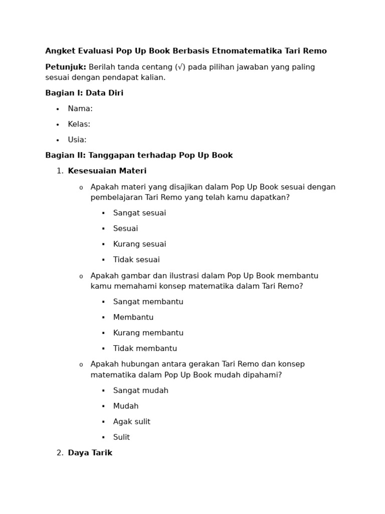 Angket Evaluasi Pop Up Book Berbasis Etnomatematika Tari Remo | PDF