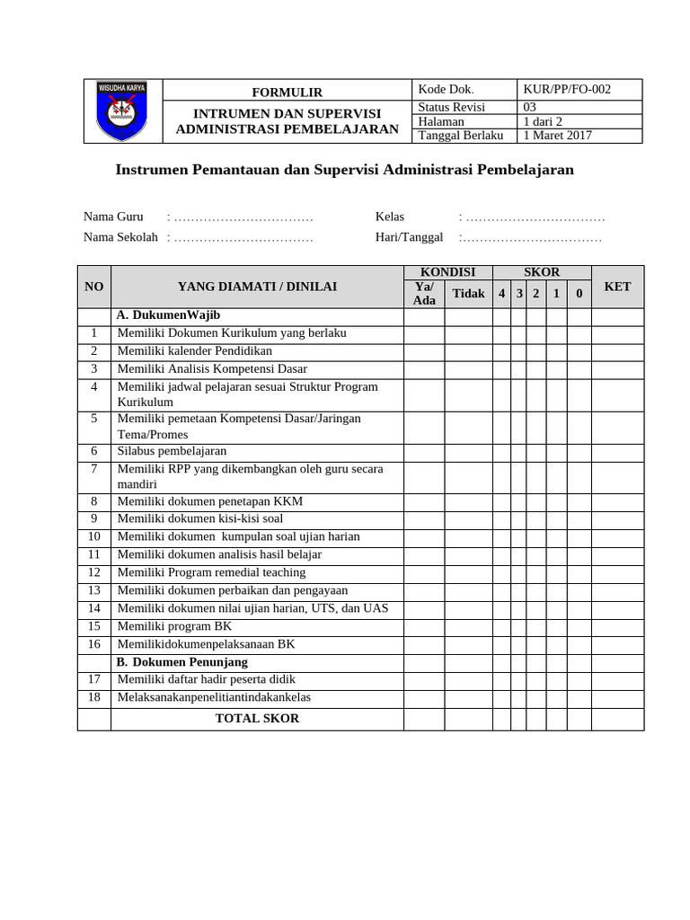 FO 2 - Instrumen Pemantauan Dan Supervisi Administrasi Pembelajaran | PDF