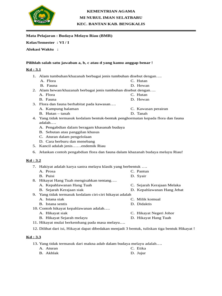 Soal Ujian BMR Kelas 6 | PDF