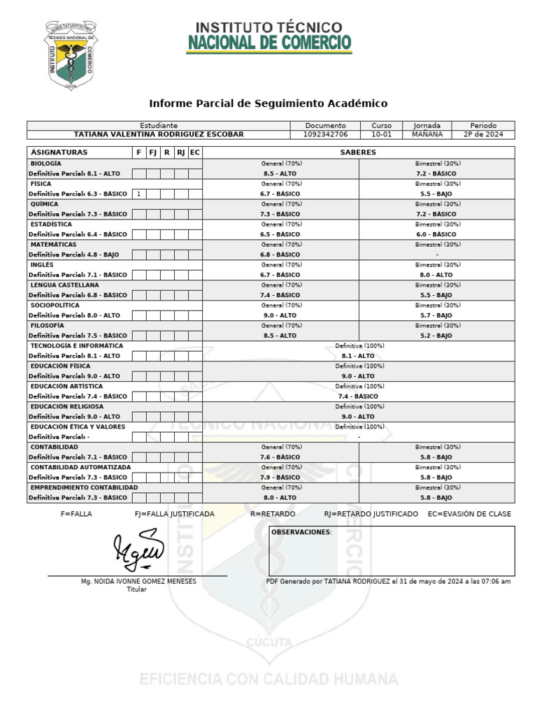 Informe Parcial de Seguimiento Acadmico | PDF