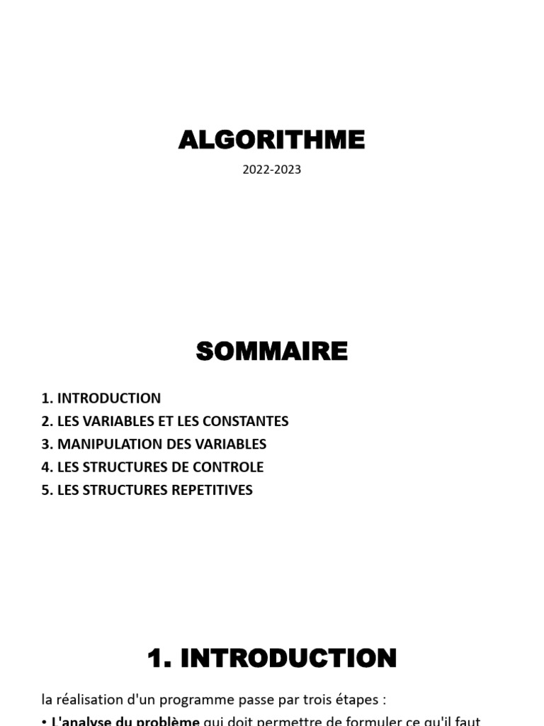 Introduction à l'Algorithme et Variables | PDF | Variable (informatique ...