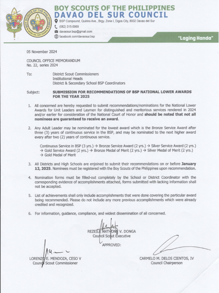 CO Memo No. 22 S. 2024 Submission of Recommendation For BSP National Lower Awards Sur | PDF ...