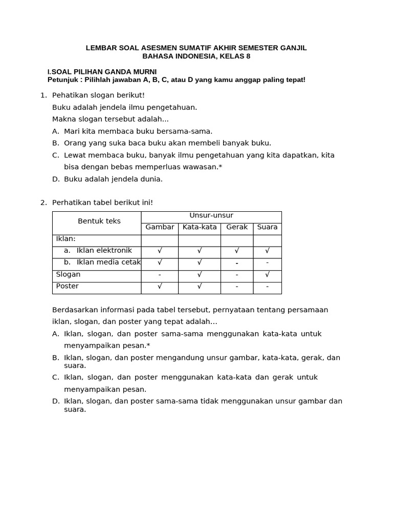 SOAL ASAS GANJIL BINDO Kelas 8 | PDF