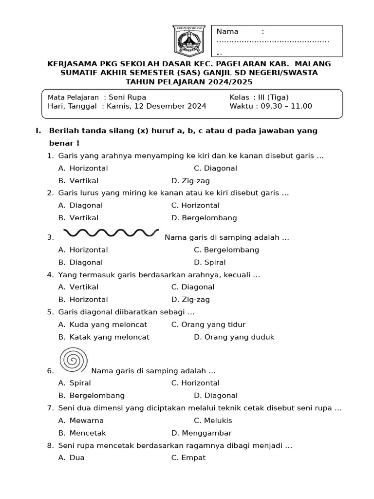 SOAL SAS SENI RUPA KELAS 3 | PDF