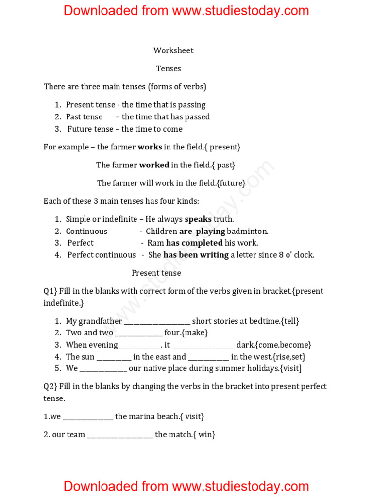 Class 6 Tenses Worksheet with Answers | PDF | Perfect (Grammar ...