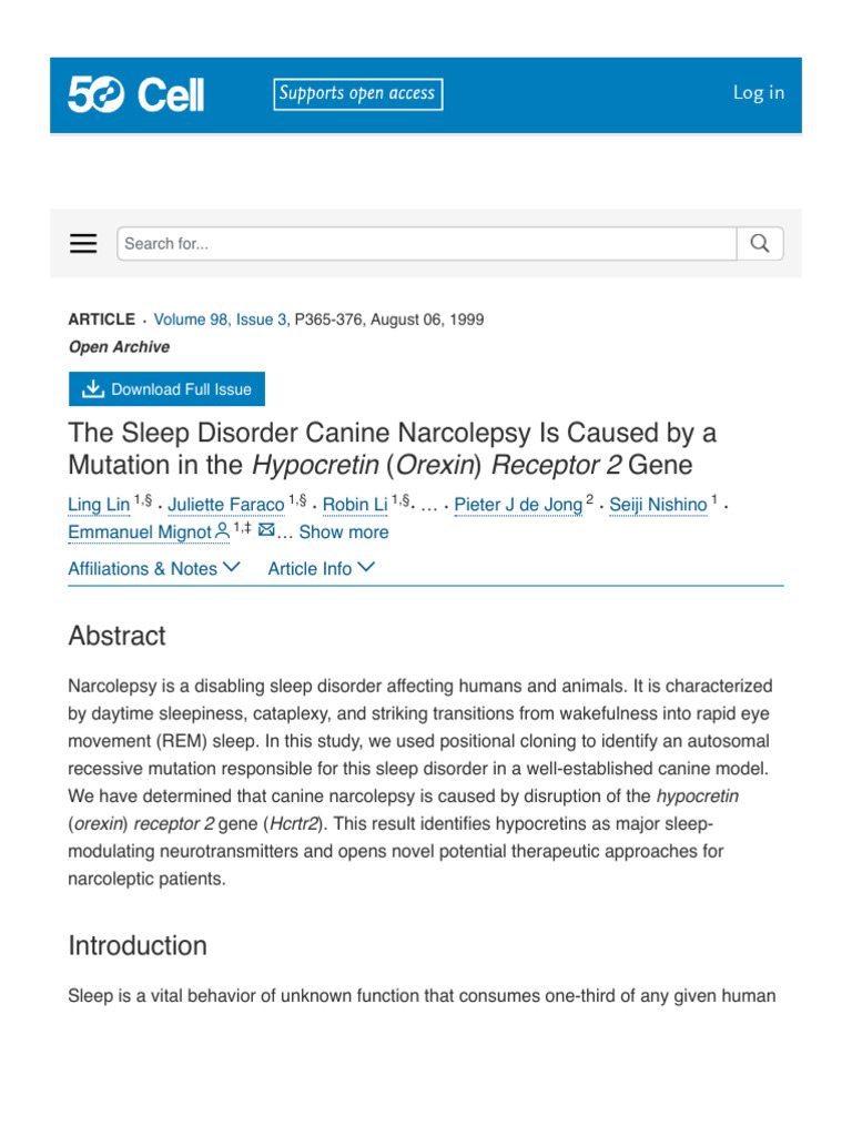 The Sleep Disorder Canine Narcolepsy Is Caused by A Mutation in The Hypocretin (Orexin) Receptor ...