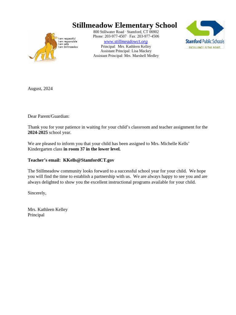 Teacher Assignment Letter Mrs. Kells 2 | PDF