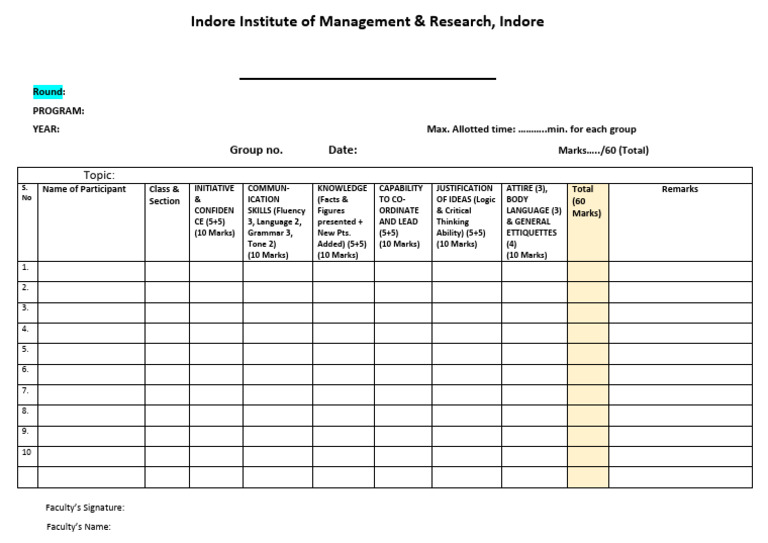 GD Evaluation Sheet (League Rounds) - GDC-2024 - Iimr | PDF