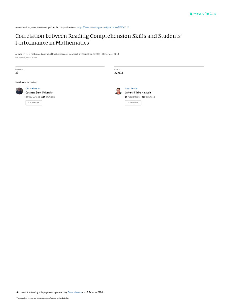 CorrelationbetweenReadingComprehensionSkillsandStudentsPerformanceinMathematics | PDF | Learning ...