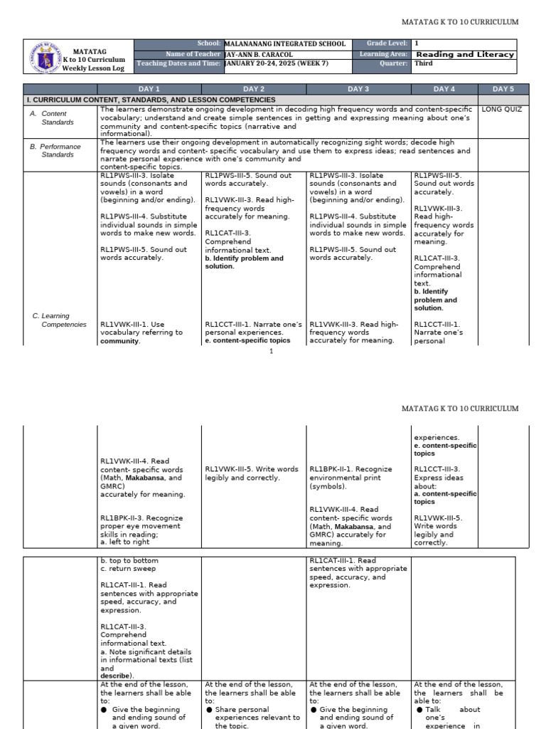 DLL Matatag - Reading & Literacy 1 q3 - w7 | PDF | Reading Comprehension | Vocabulary