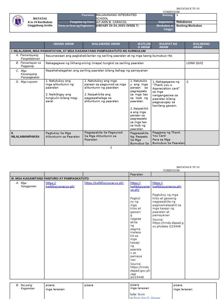 Dll Matatag Makabansa 1 Q3 W7 Pdf