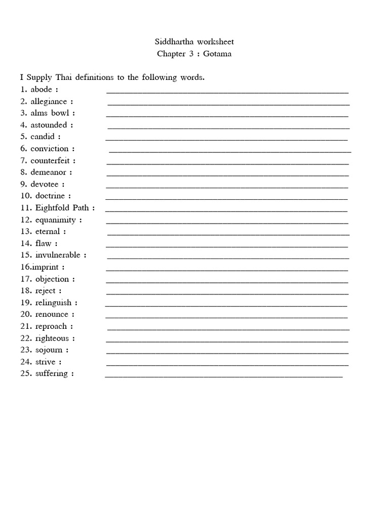 Siddhartha Chapter 3 Vocabulary Worksheet | PDF