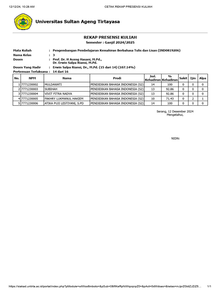 Cetak Rekap Presensi Kuliah | PDF
