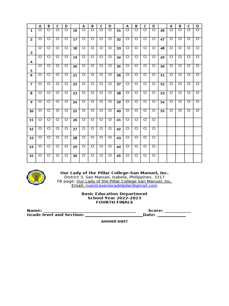 Fourth Finals Answer Sheet 2022-2023 | PDF
