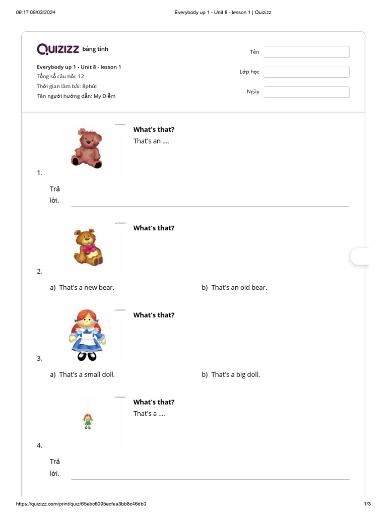 Everybody Up 1 - Unit 8 - Lesson 1 - Quizizz | PDF