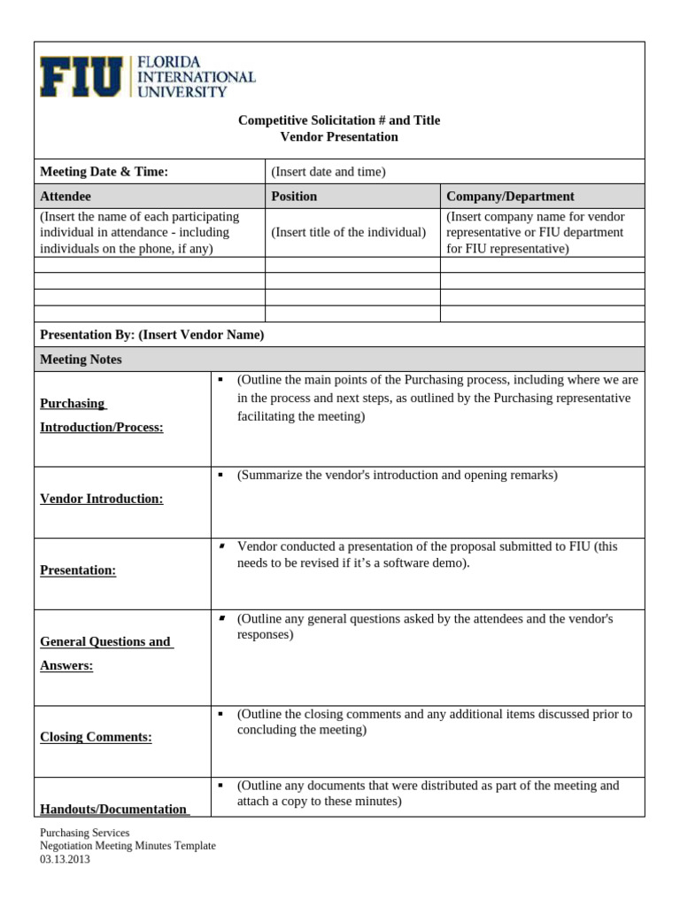 Vendor Presentation Meeting Notes Template | PDF