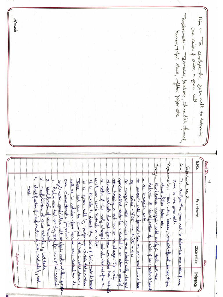Experiment Number 10to Analyse the Given Salt to Determine One Cation ...